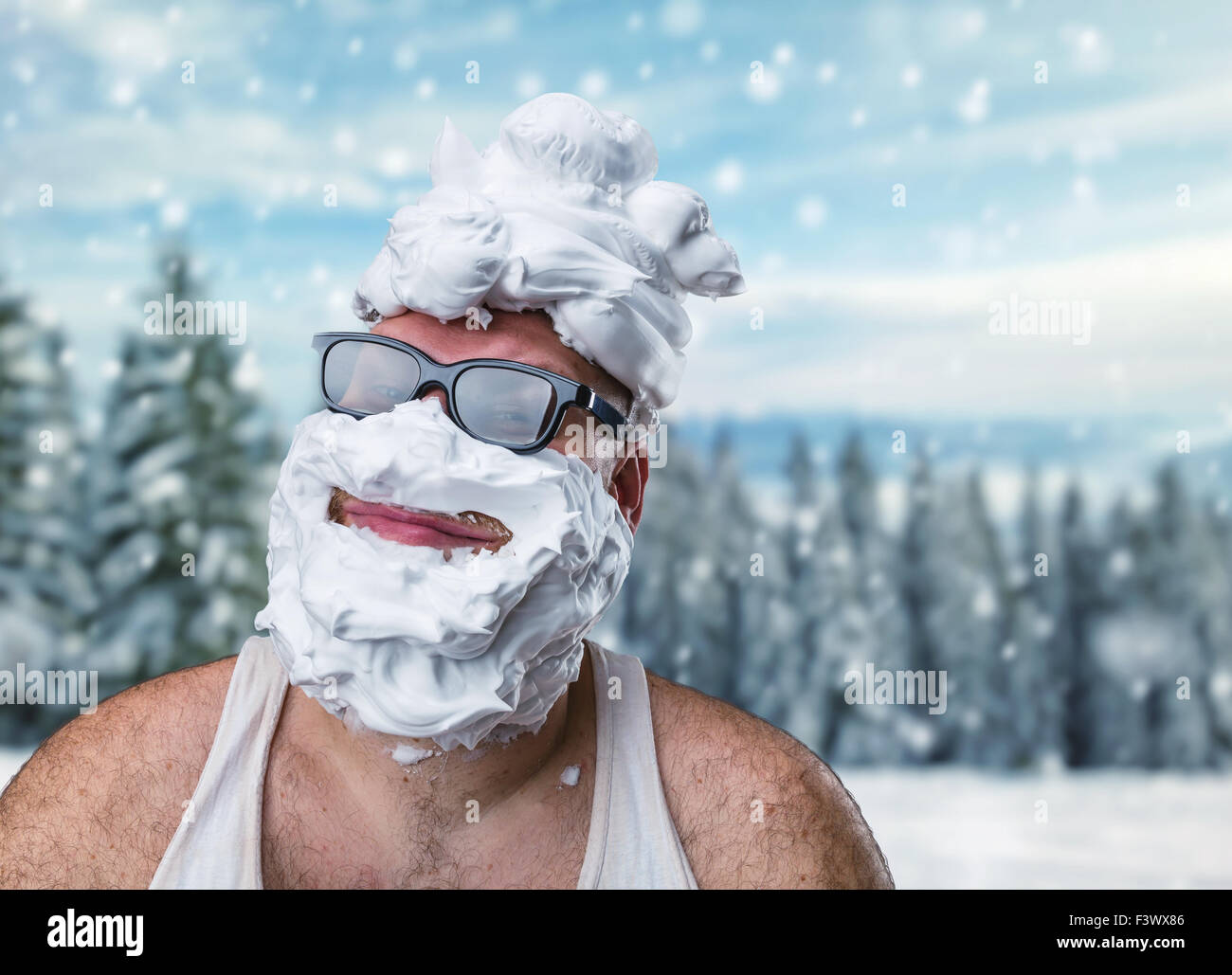 Strange smiling man in glasses with shaving foam on his face over ...