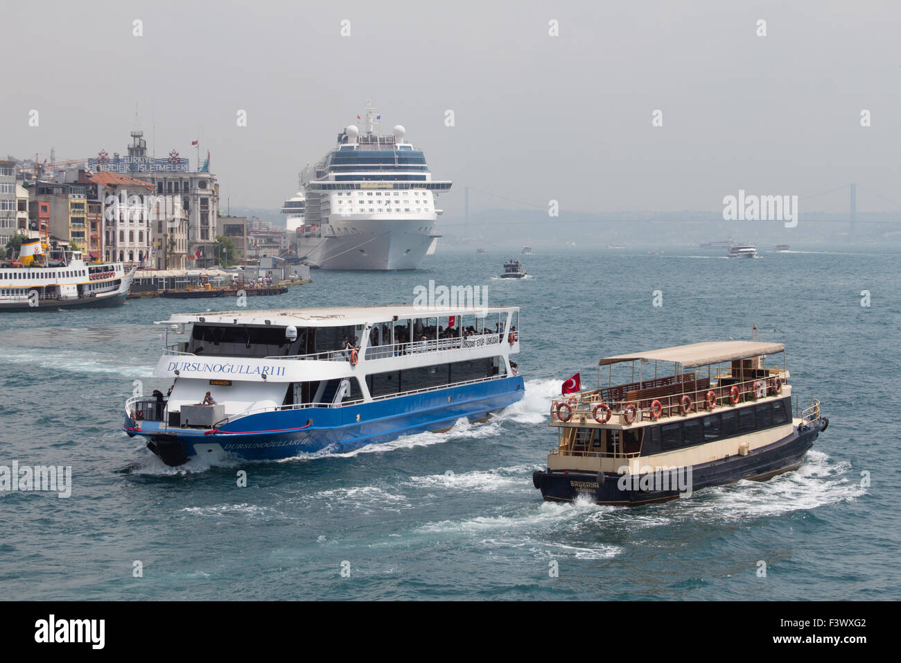 Ferry boat and tourist boat on the Bosphourous, Istanbul, Turkey Stock ...