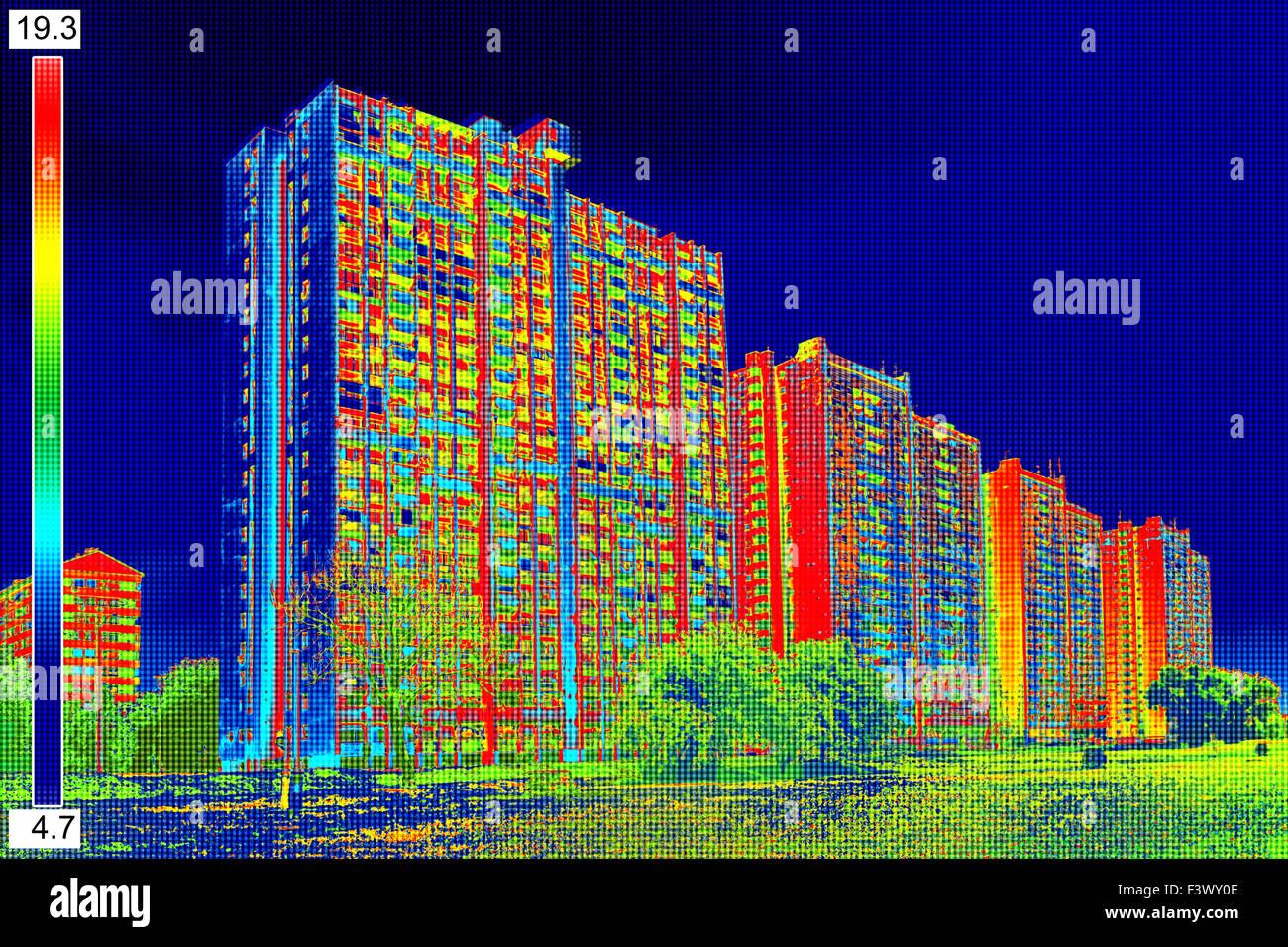Infrared thermovision image showing lack of thermal insulation on ...