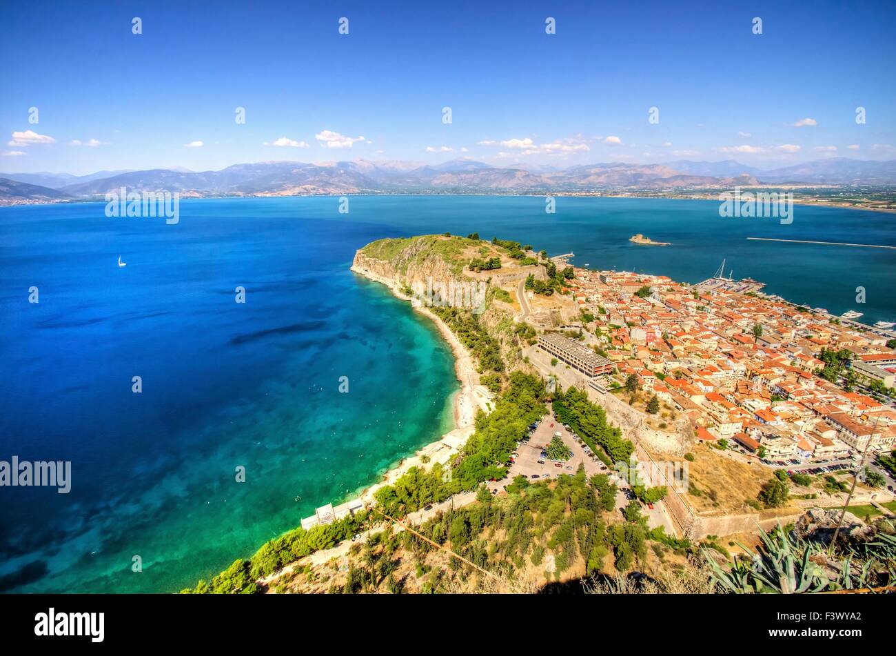 An aerial view of the gorgeous city Nafplio, in Greece which was the ...