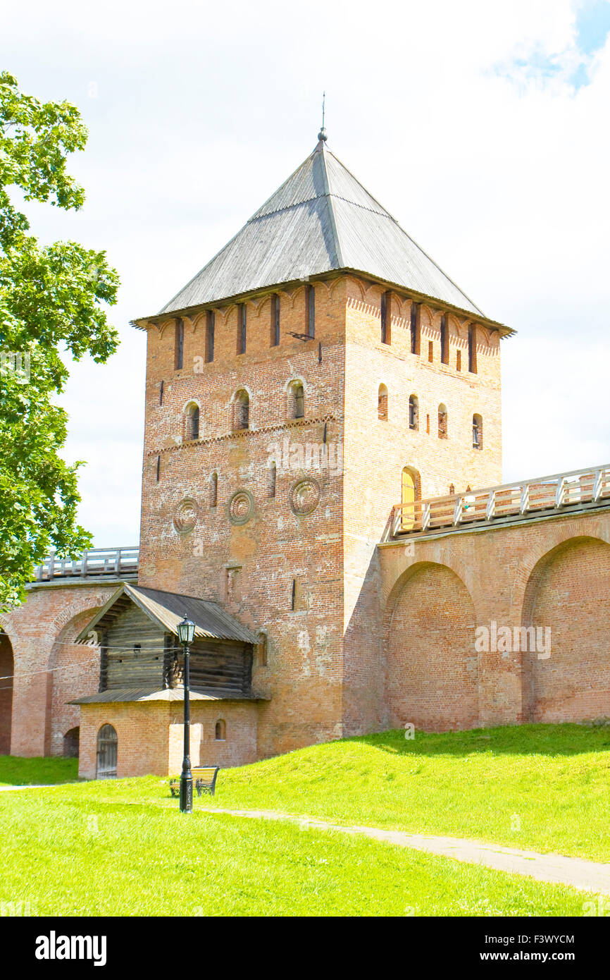 Tower of middle ages Kremlin fortress in town Great Novgorod, Russia ...