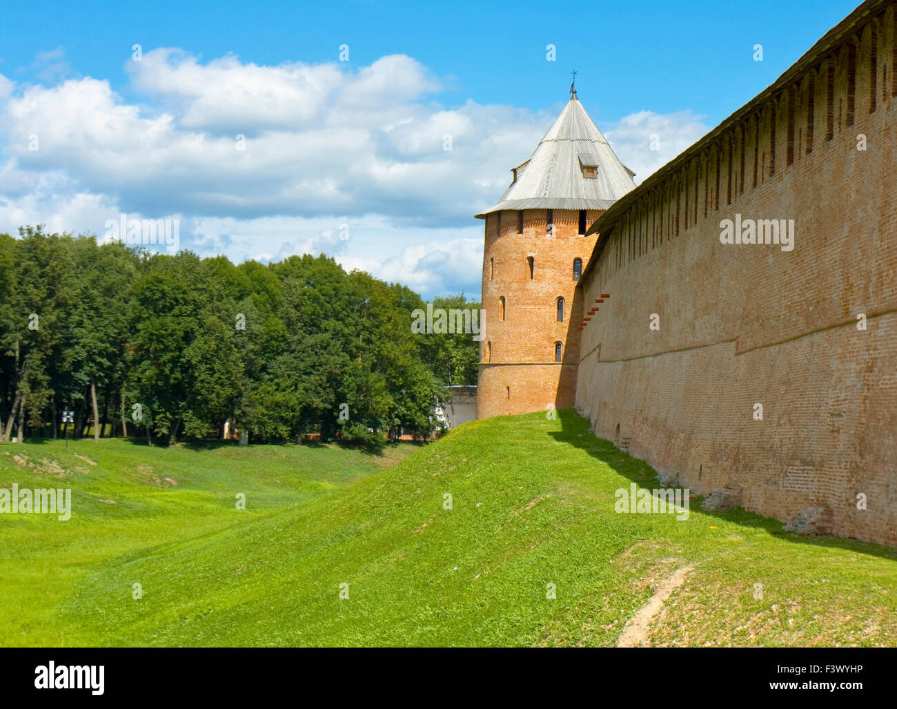 Tower of middle ages fortress Kremlin in town Great Novgorod in Russia ...
