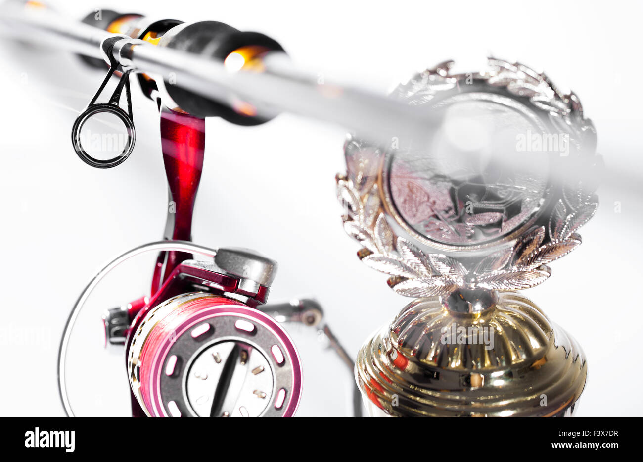 Fishing rod with reel and trophy Stock Photo - Alamy