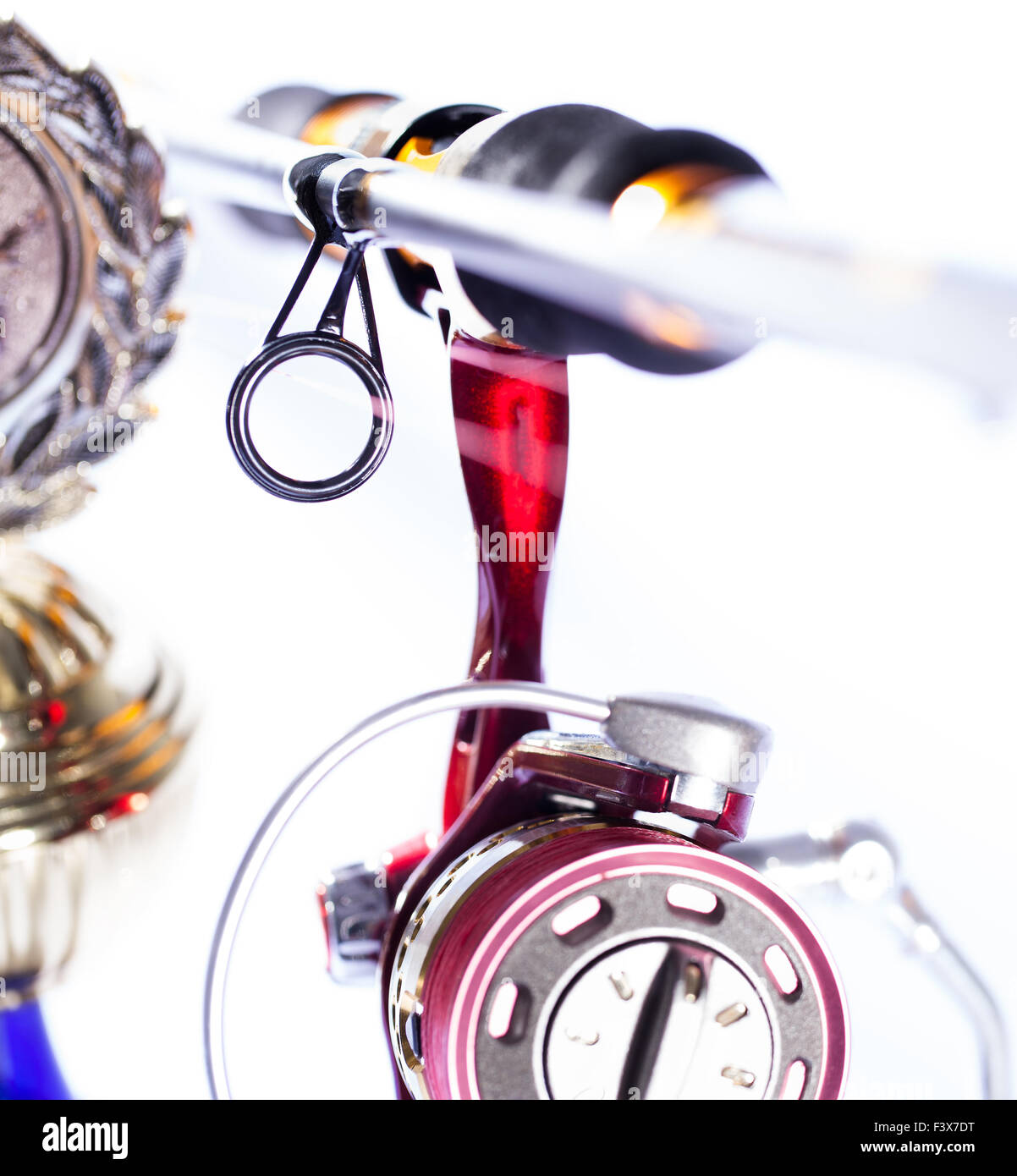 Fishing rod with reel and trophy Stock Photo - Alamy