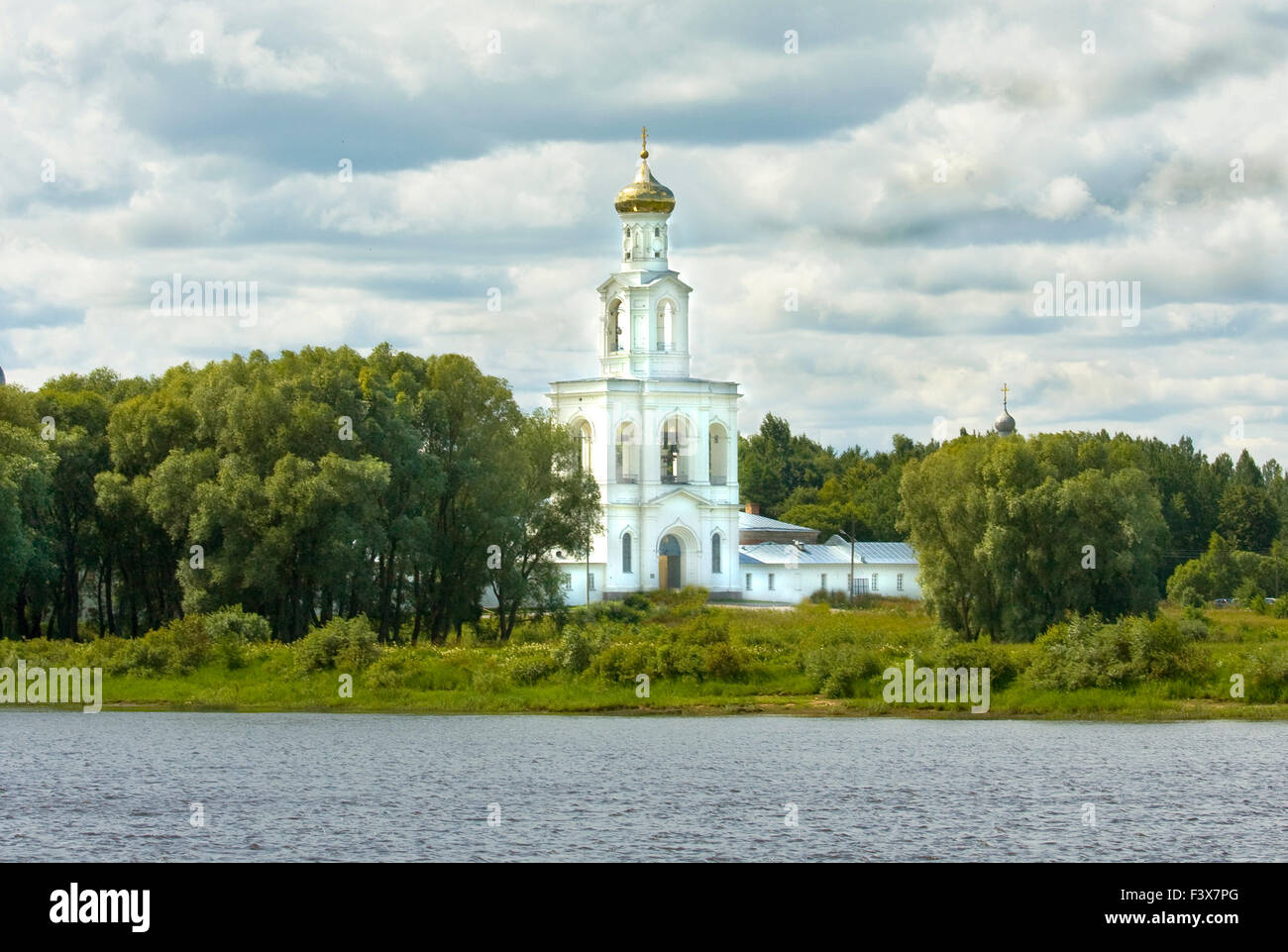 Bell tower of Saint George monastery in town Great Novgorod in Russia ...