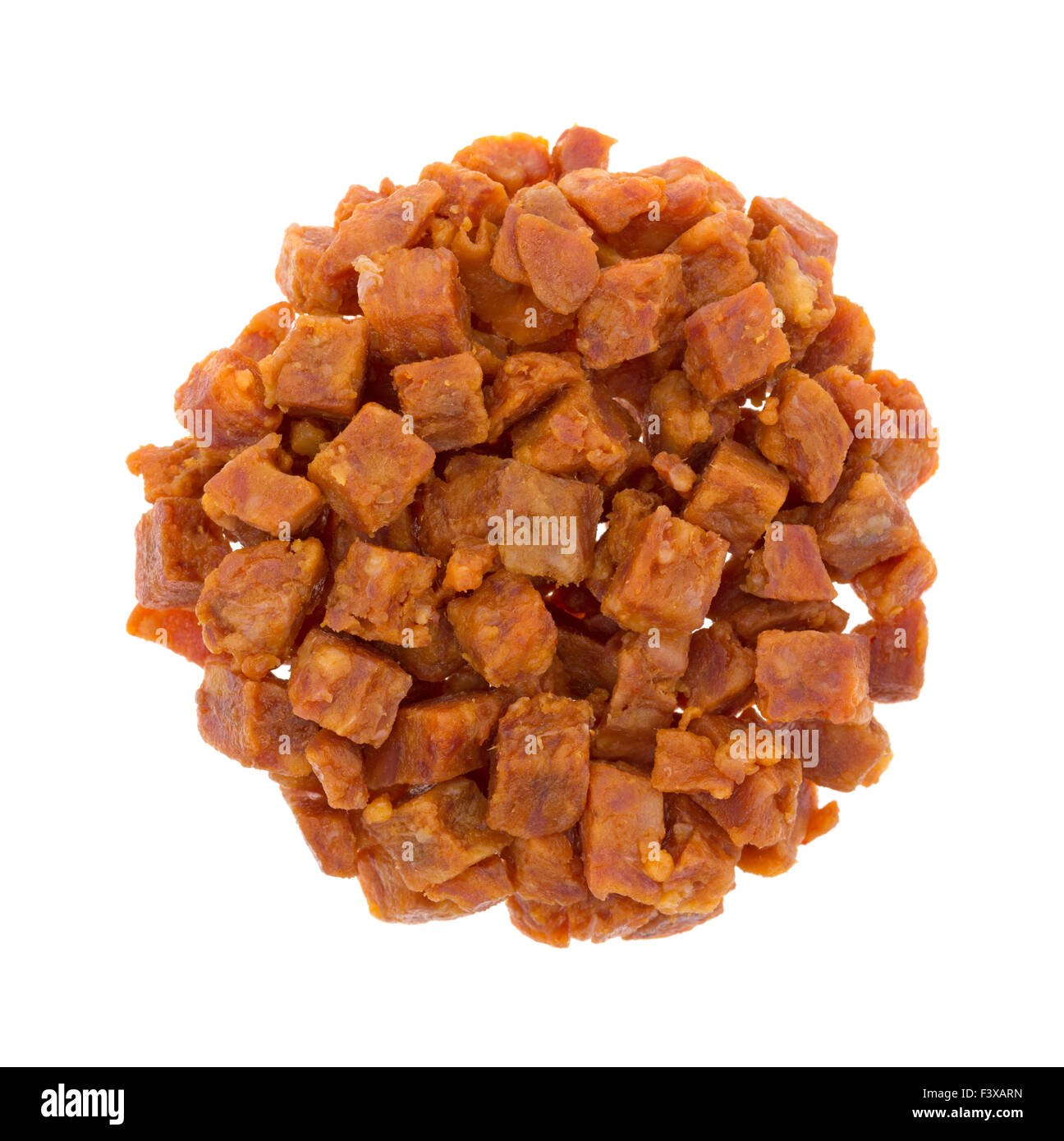 Top view of a portion of pepperoni pizza topping that has been chopped ...