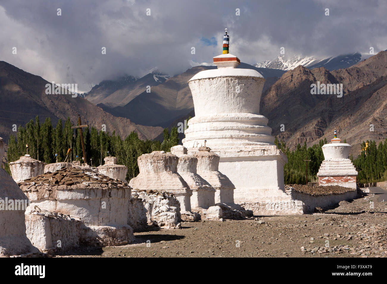 India, Jammu & Kashmir, Ladakh, Stok, lines of whitewashed chortens ...