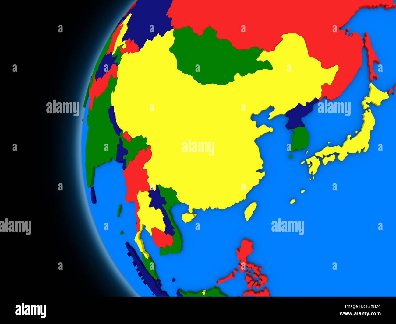 Illustration of east Asia region on political globe with black ...