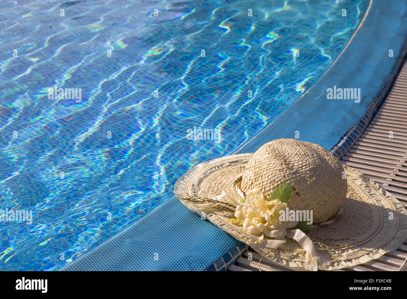 The straw hat lies on the brink of pool Stock Photo - Alamy