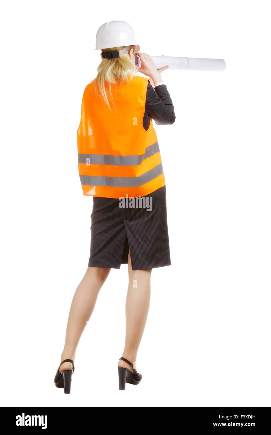 Engineer Woman With Drawing Stock Photo - Alamy