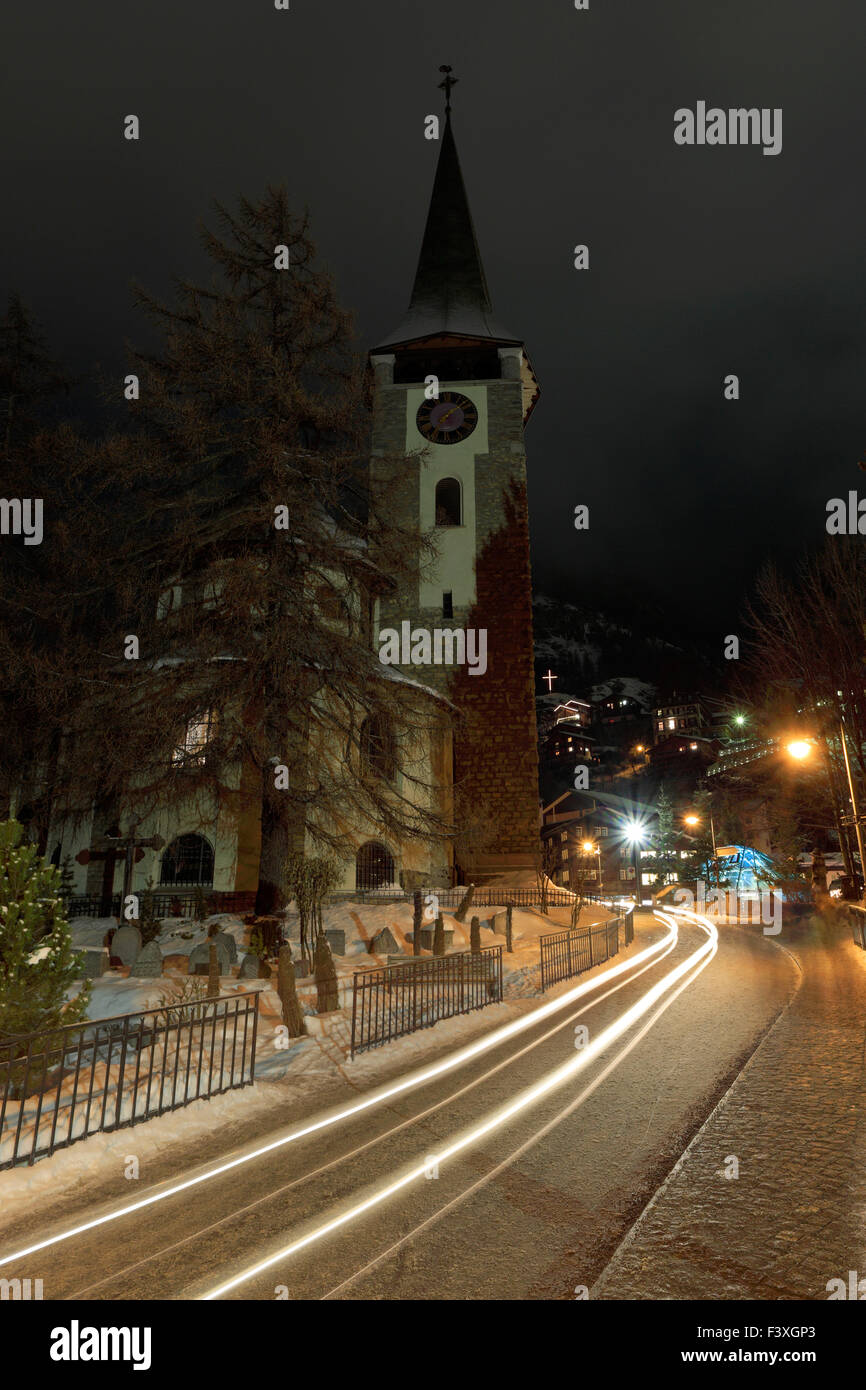 Winter snow, Parish church of St Mauritius, Zermatt town, Valais canton ...