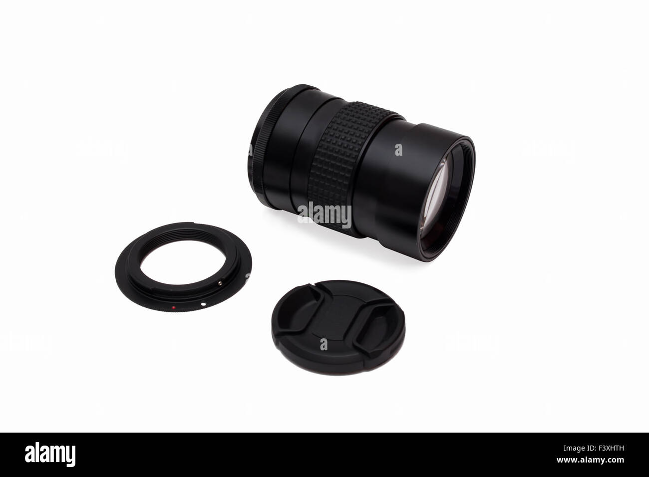 Lens with an adapter and a protective cover on a white background Stock ...