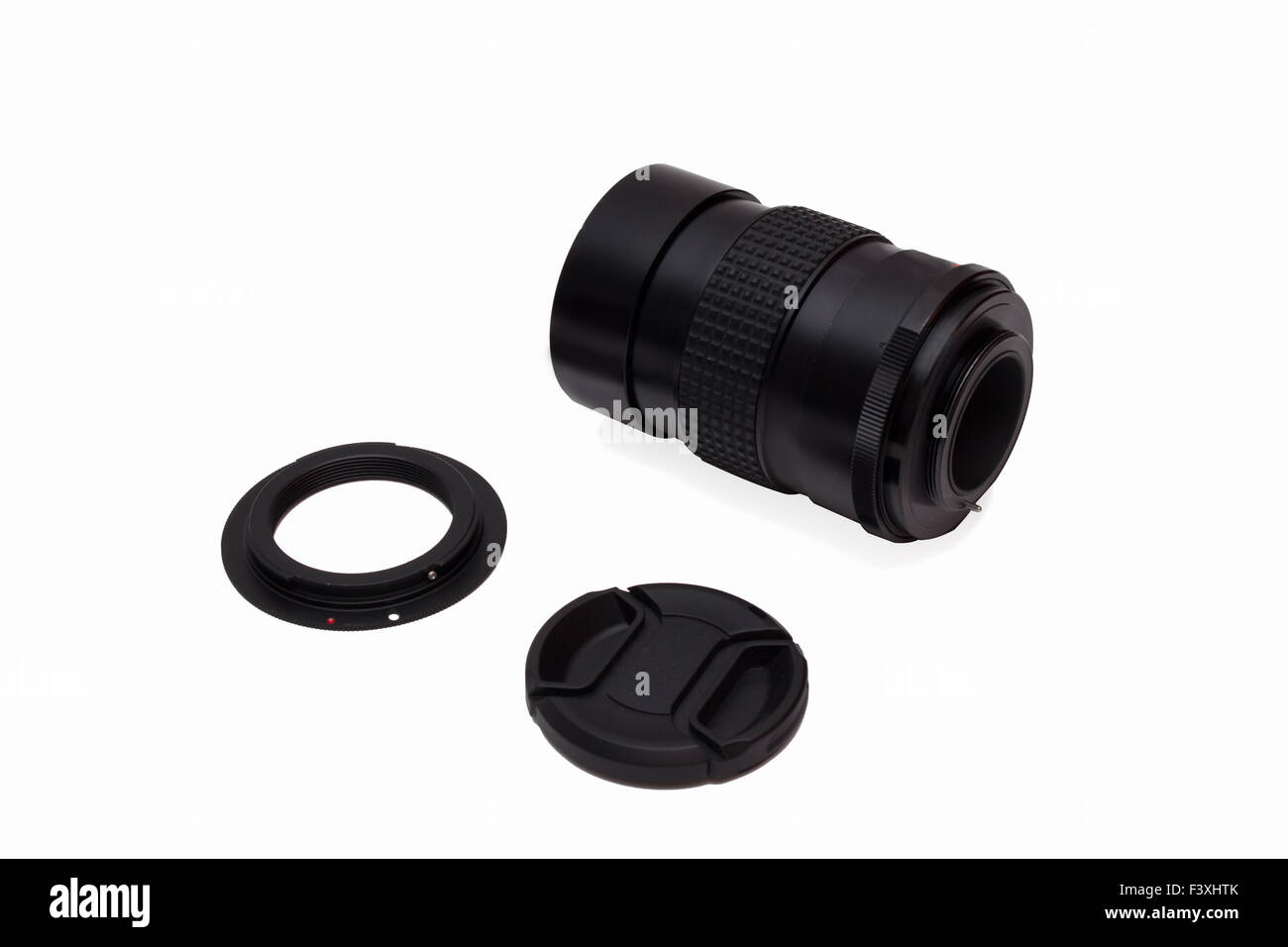 Lens with an adapter and a protective cover on a white background Stock ...