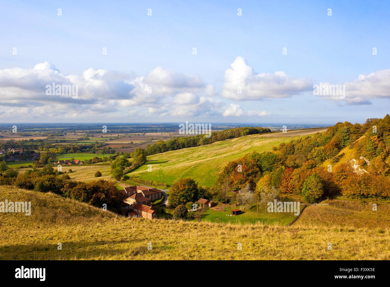 The vale of York viewed from above the scenic valley of Thixendale on ...