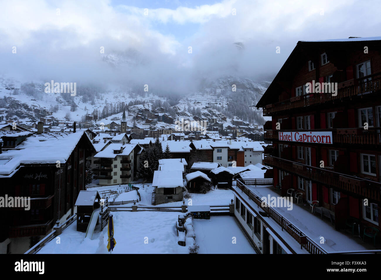 Winter snow view over Zermatt town, Valais canton, Pennine Alps ...