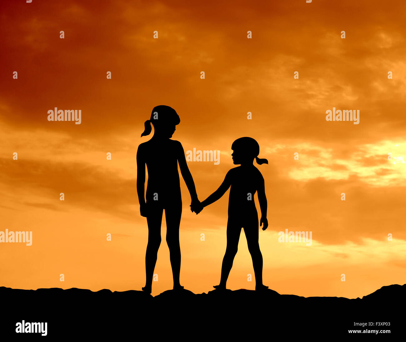 Silhouette of two girls at sunset hi-res stock photography and images ...