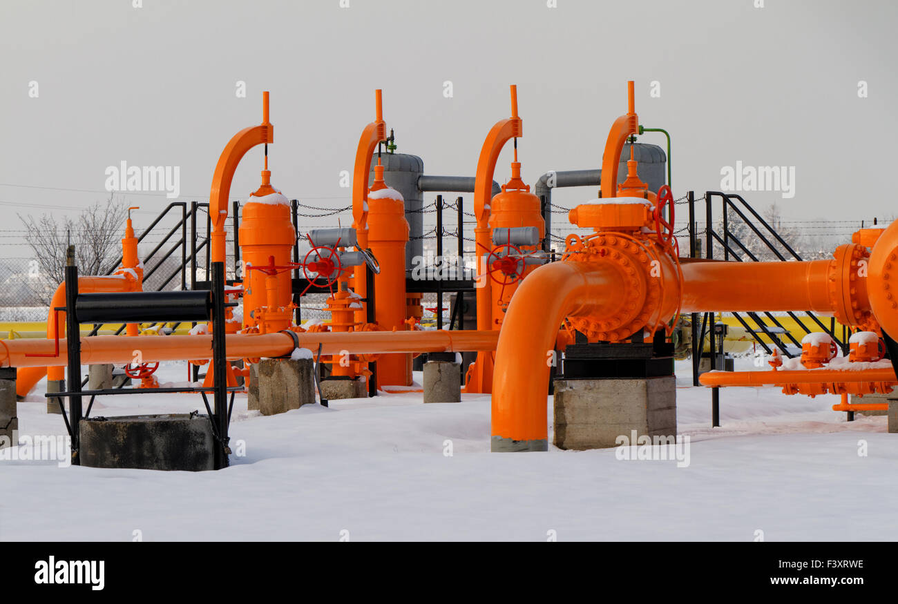 Orange gas pipe in frosted winter Stock Photo - Alamy