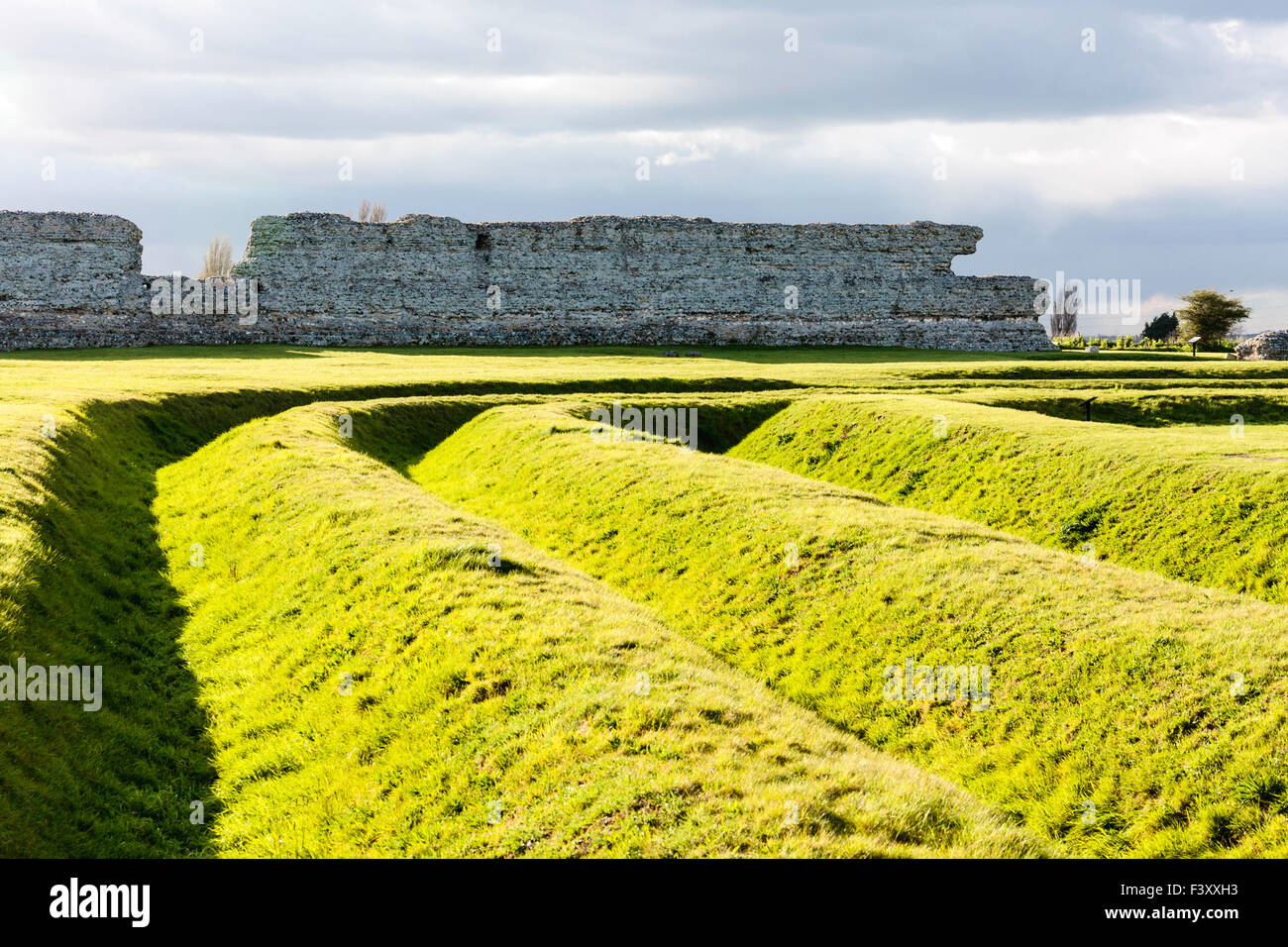 Richborough Roman castle in Kent, England. View along inner defence ...
