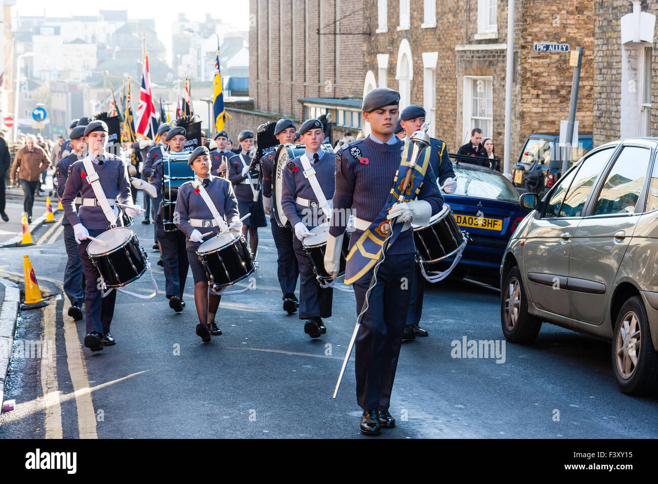 Remembrance sunday in Ramsgate, England. Air Cadets band, in blue ...
