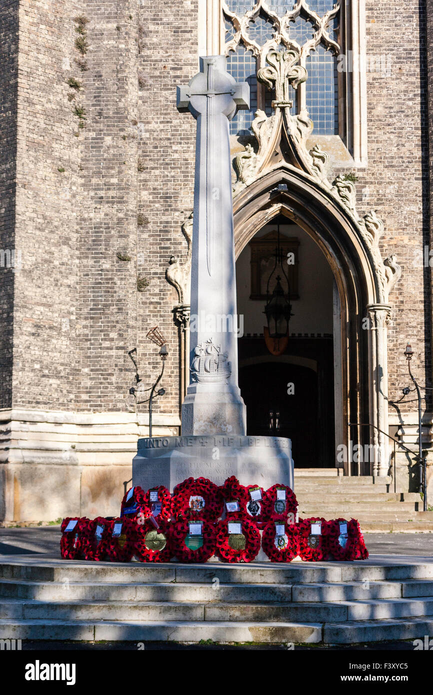 Remembrance Sunday in England. War memorial cenotaph with display of ...