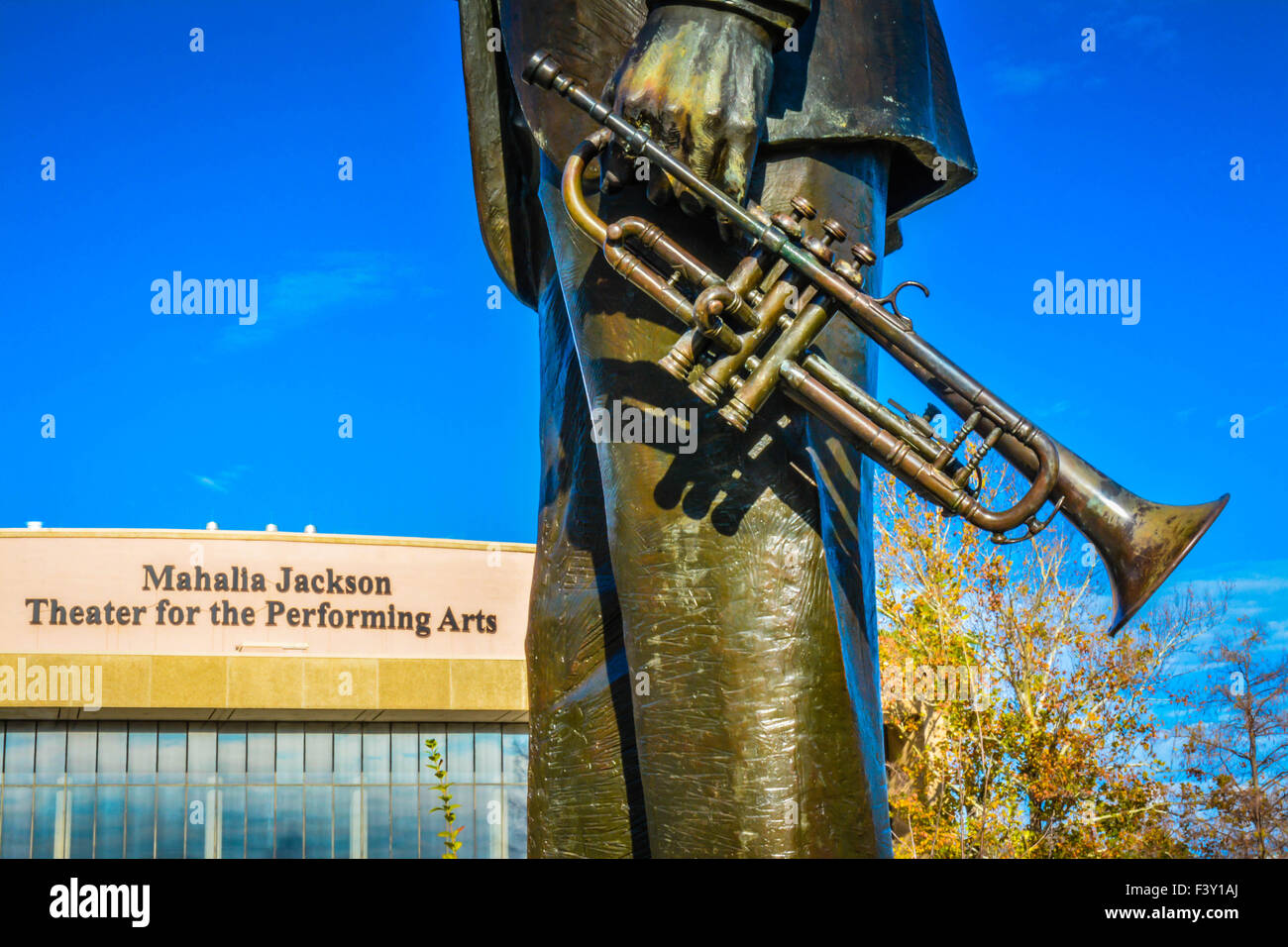 Close up of Statue of Louis Armstrong holding trumpet before the ...