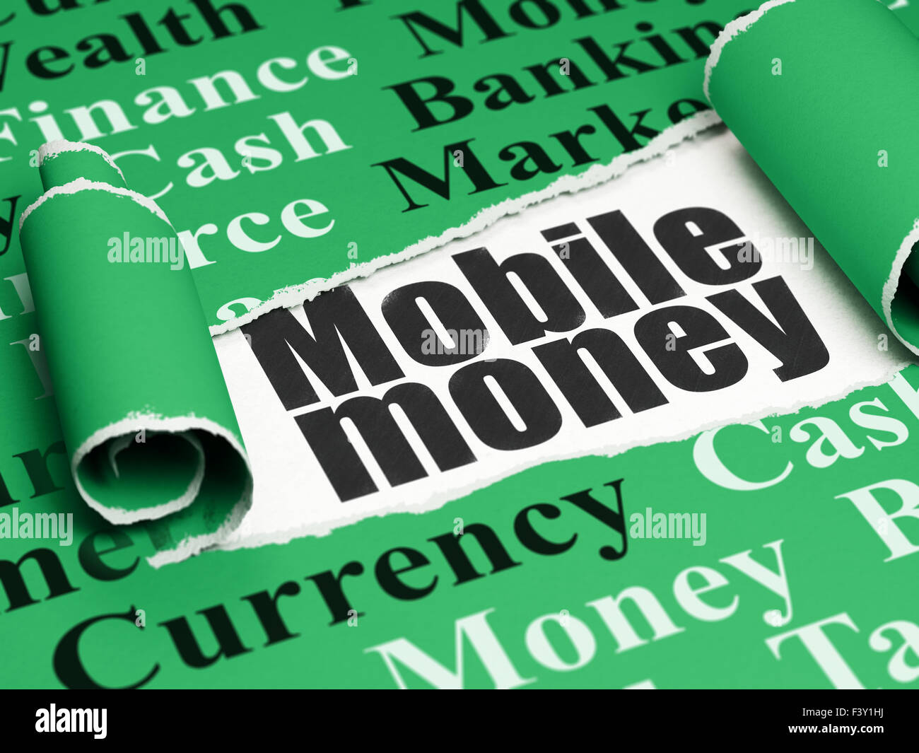 Banking concept: black text Mobile Money under the piece of torn paper ...