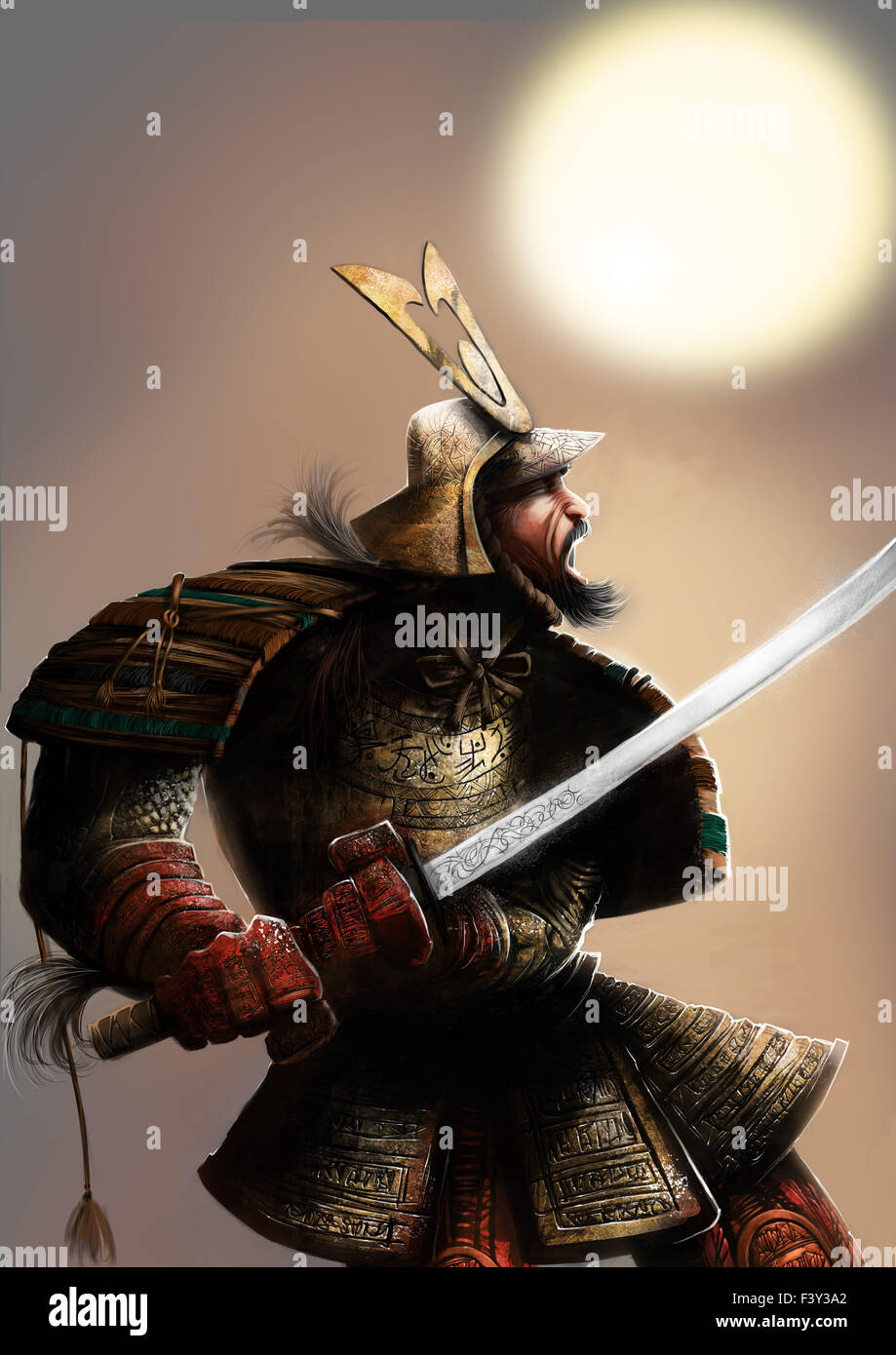 a very armored samurai with a katana on his hand Stock Photo - Alamy