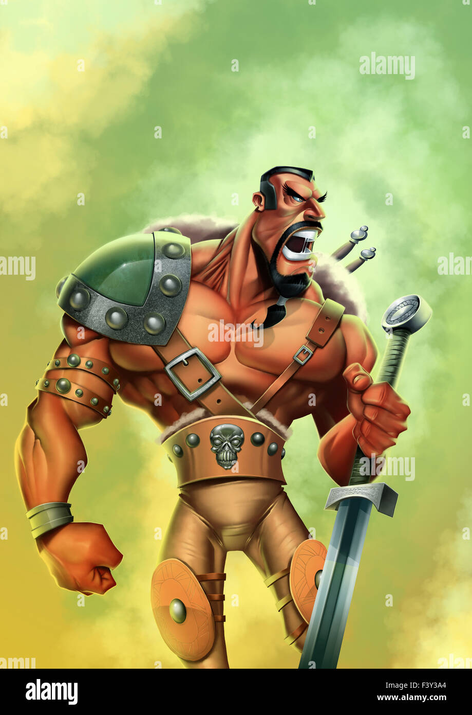a strong beard warrior with armor and sword painted in cartoon style ...
