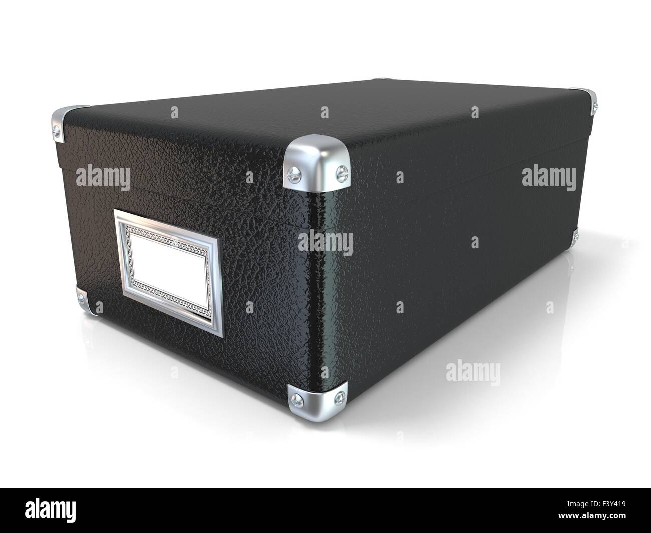 Black leather closed box, with chrome corners and blank label. Side ...