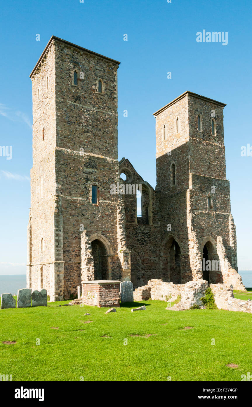The towers of ruined St Mary's Abbey, originally Saxon, at Reculver on ...