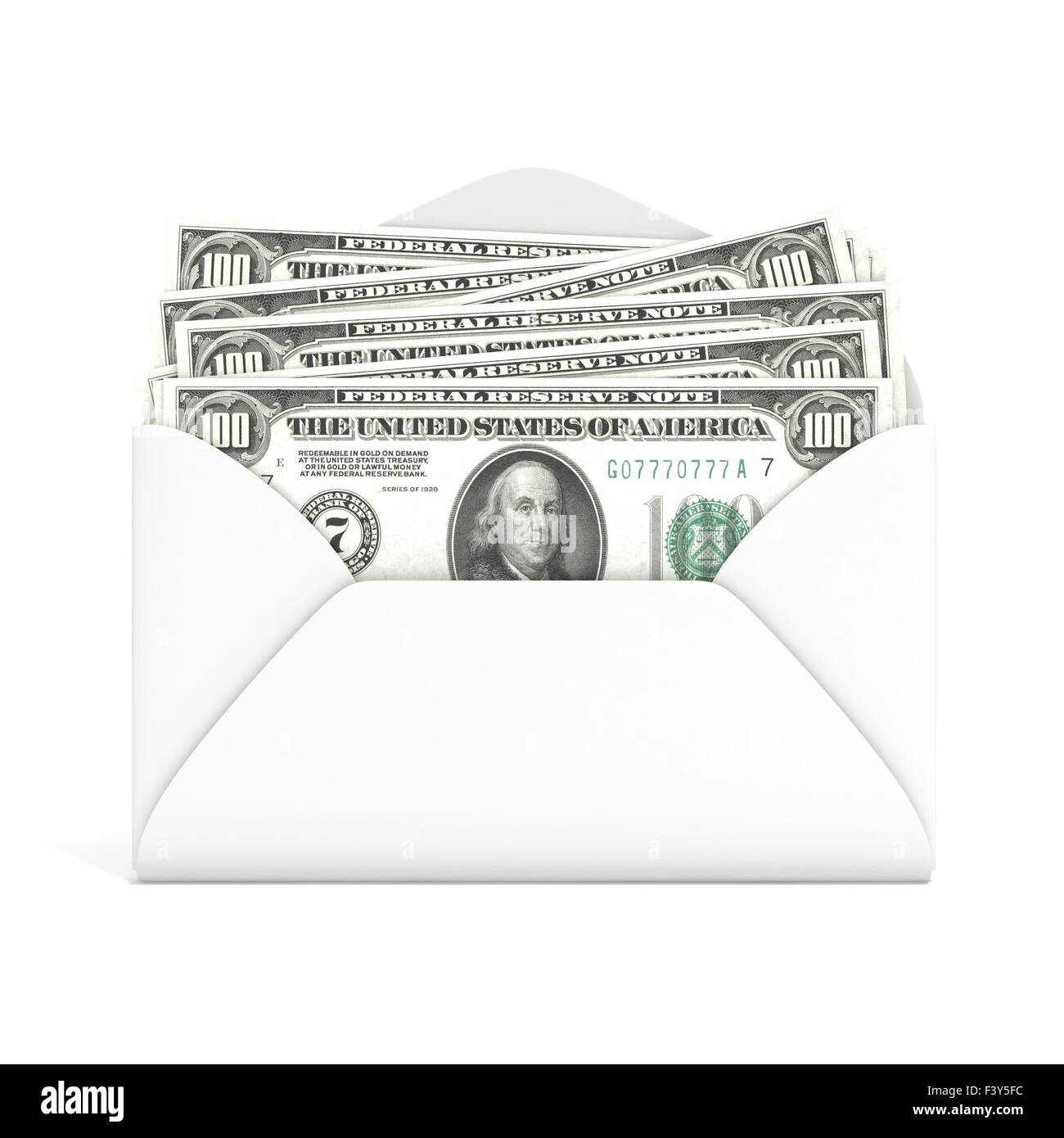 Dollars in envelope. Front view. 3D render illustration isolated on ...