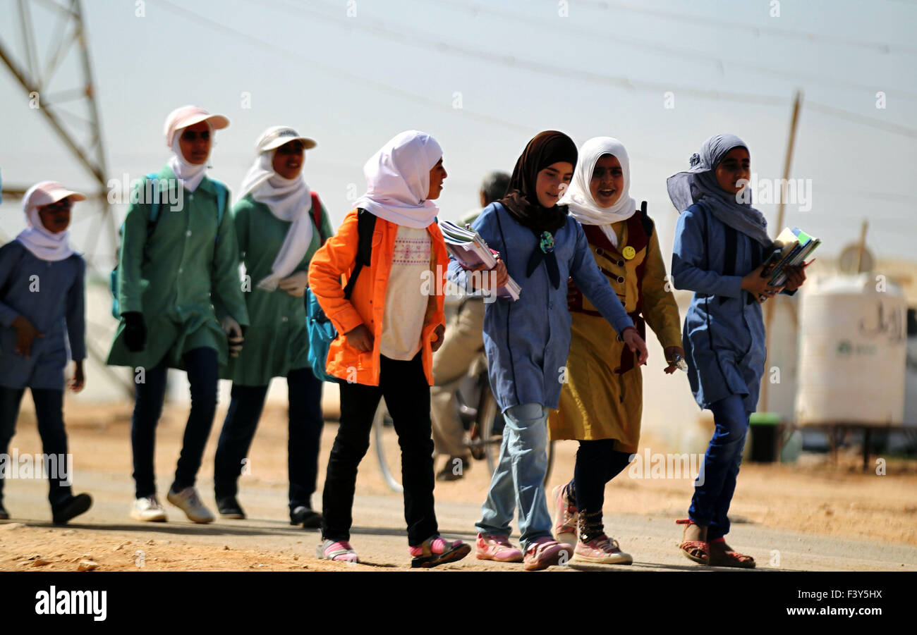 Mafraq, Jordan. 13th Oct, 2015. Syrian refugee girls head to their ...