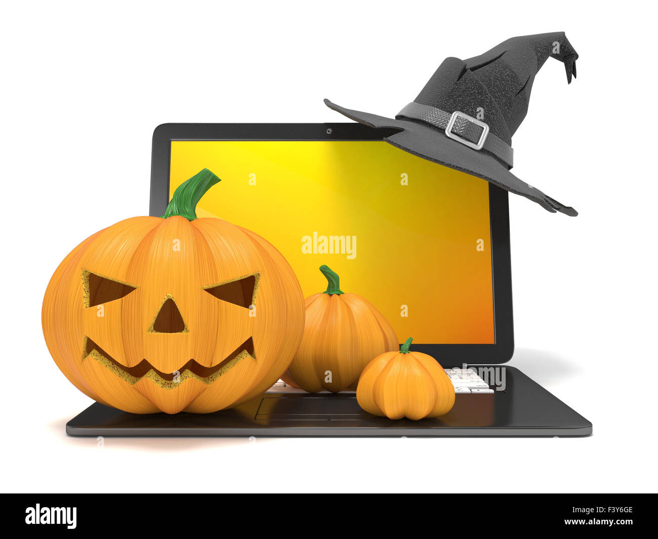 Laptop with funny Jack O Lantern and Halloween witch hat. 3D render ...