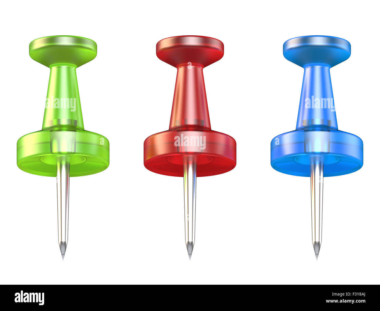Color push pins. Front view. 3D render illustration isolated on white ...