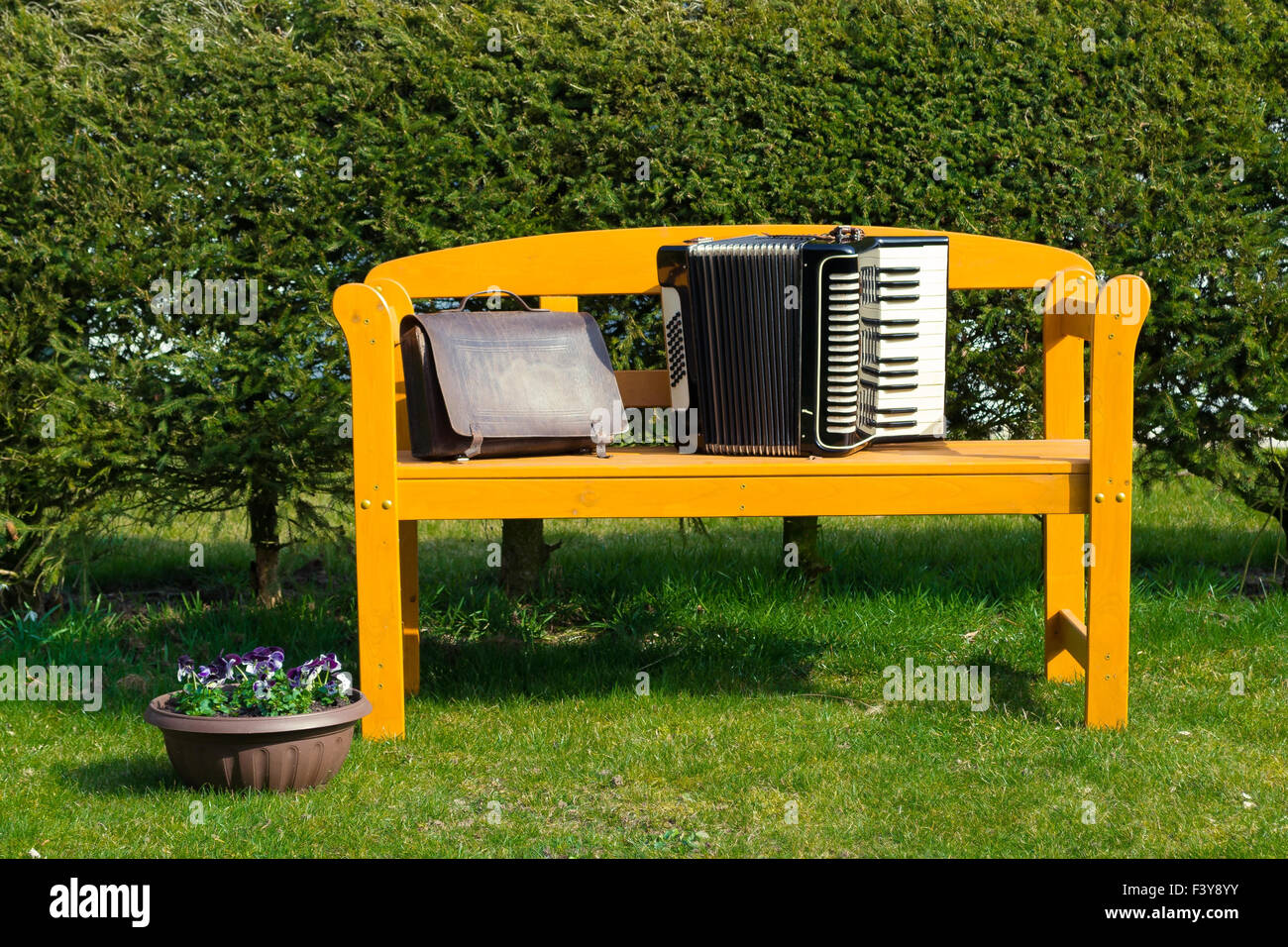 Wooden bench in the spring Stock Photo - Alamy