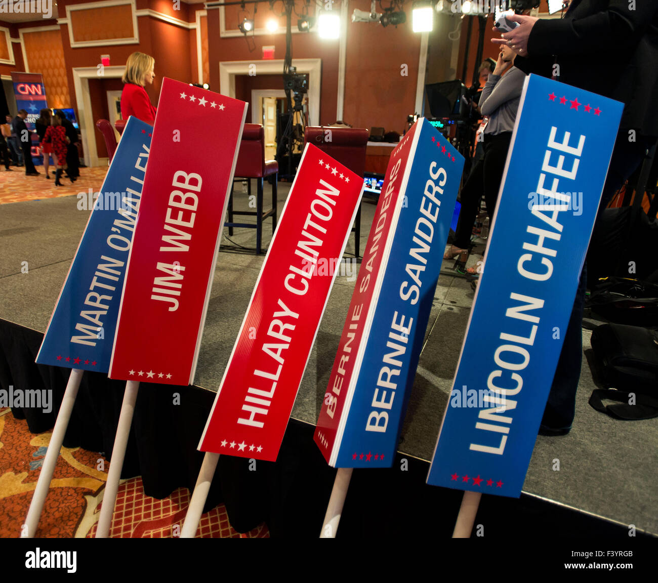 Las Vegas, Nevada, USA. 13th Oct, 2015. Spin room signs are stacked ...