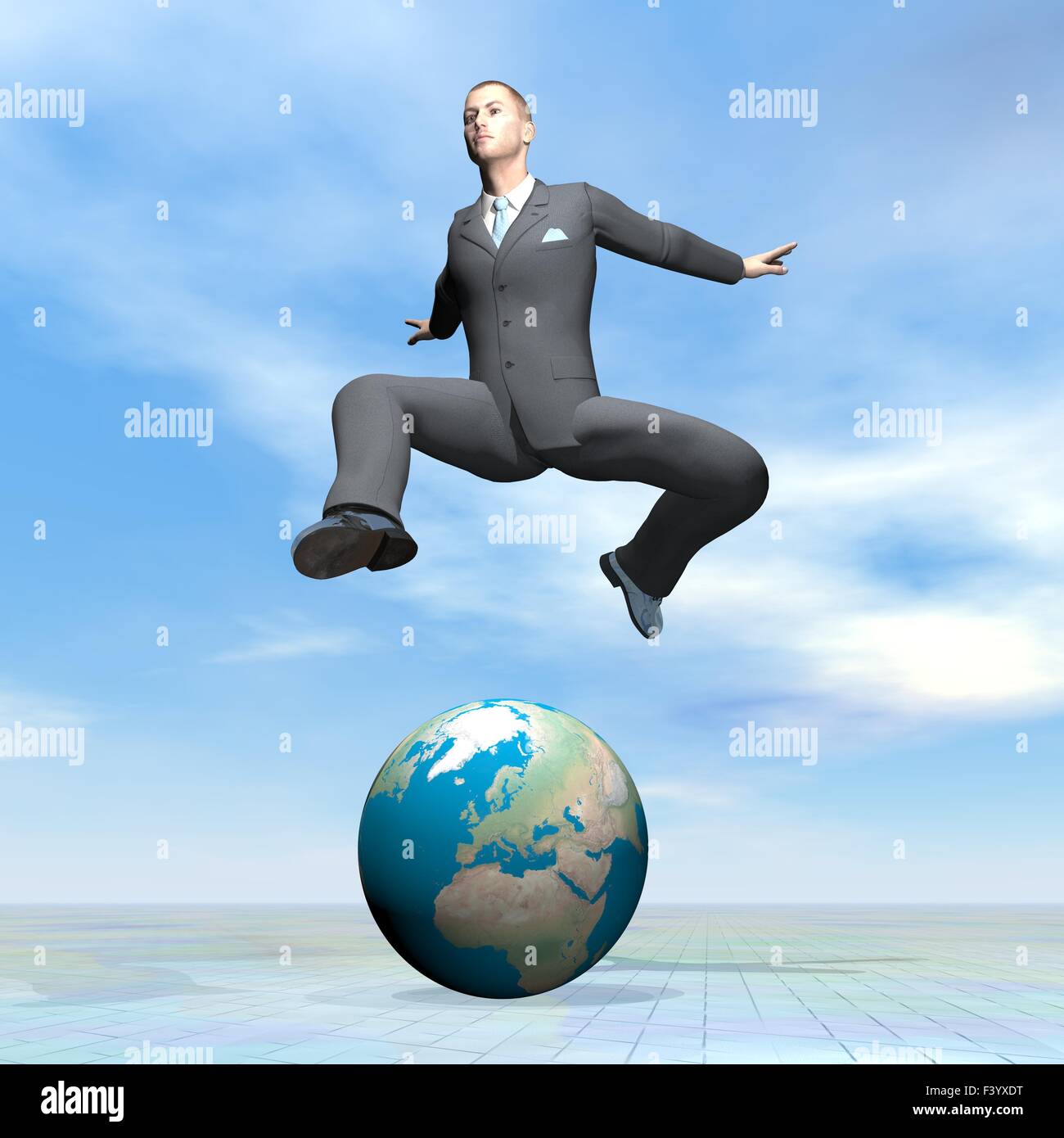 Businessman jumping upon earth - 3D render Stock Photo - Alamy