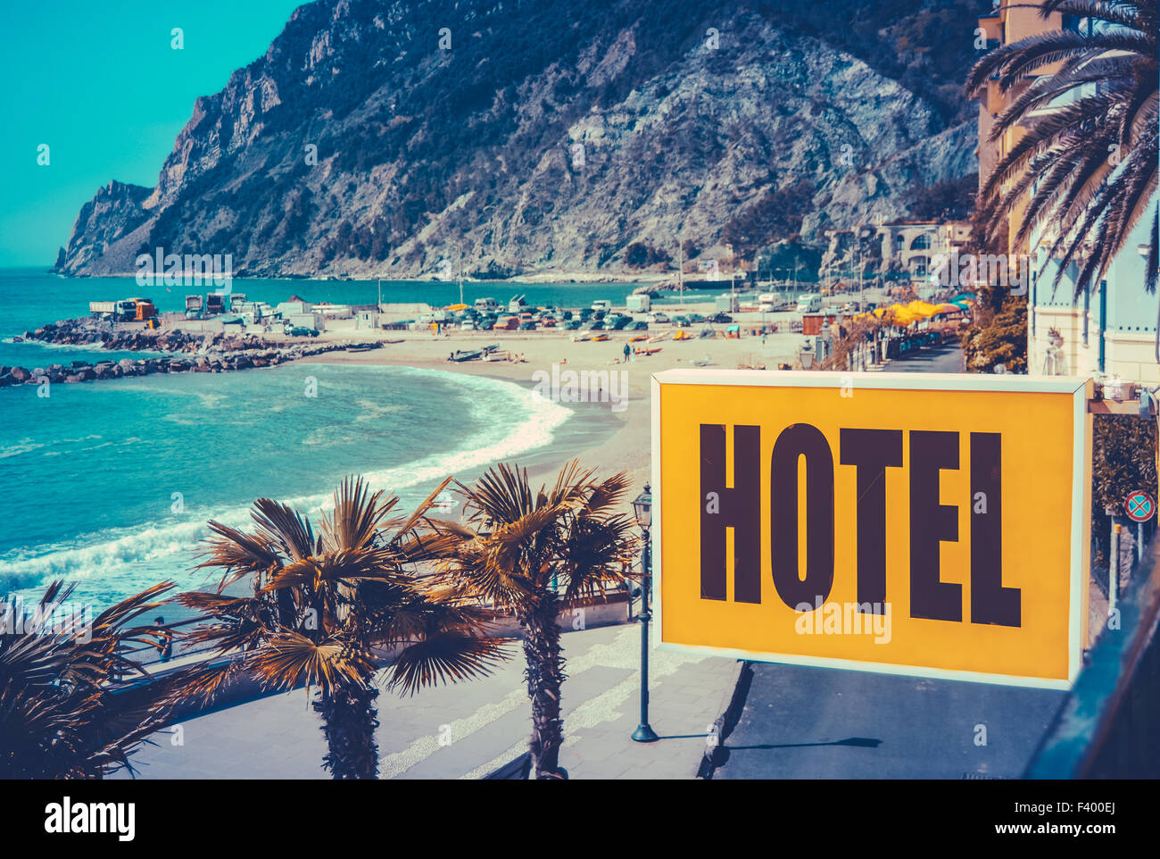 Retro Euro Beach Hotel Sign Stock Photo - Alamy