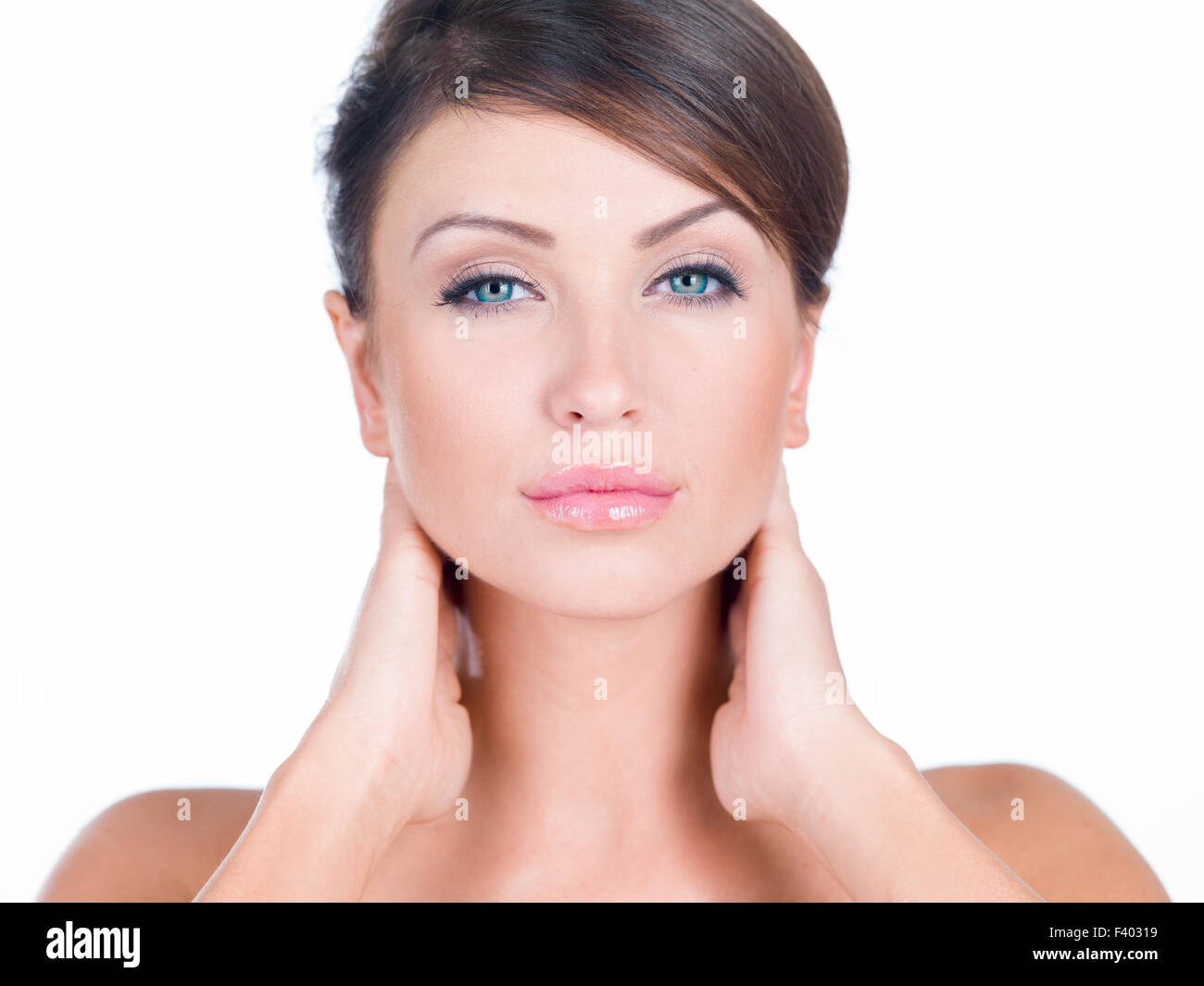 Close up Young Pretty Woman Both Hands on Neck Stock Photo - Alamy
