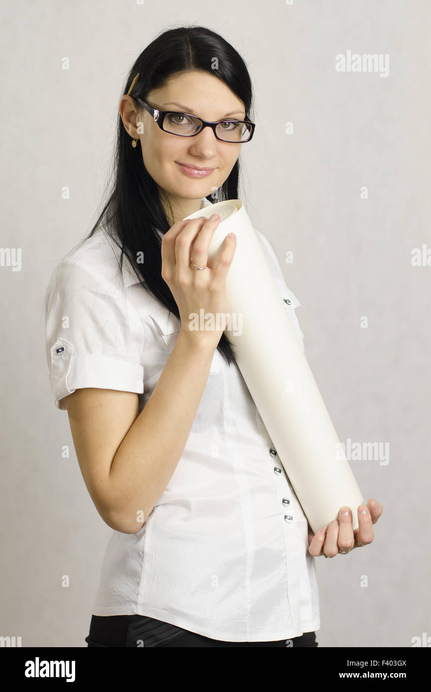 The girl with a roll of paper Stock Photo - Alamy