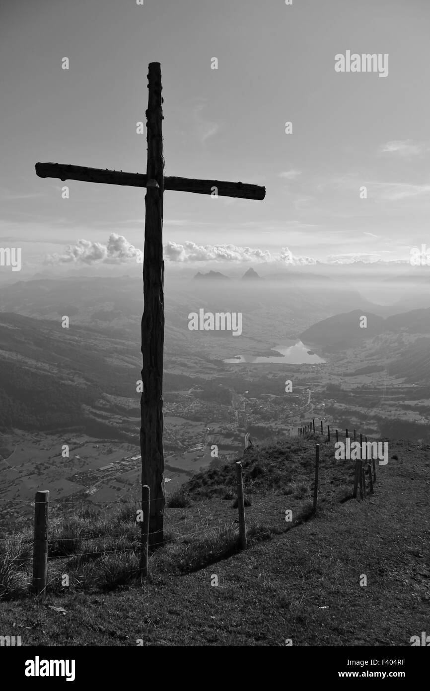 Cross on peak mountain Black and White Stock Photos & Images - Alamy
