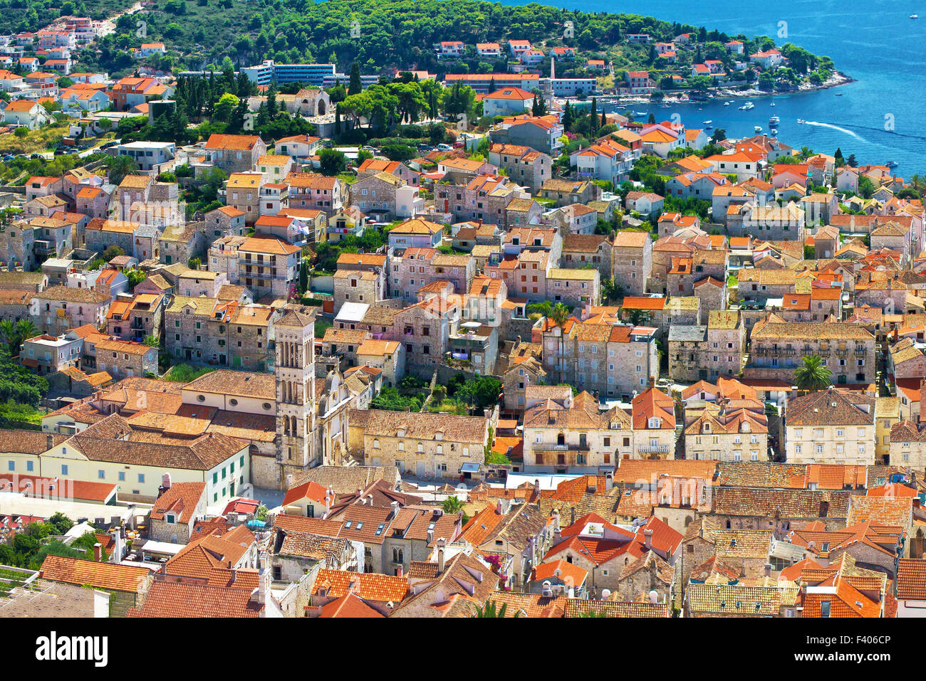 Hvar old town center aerial view Stock Photo - Alamy