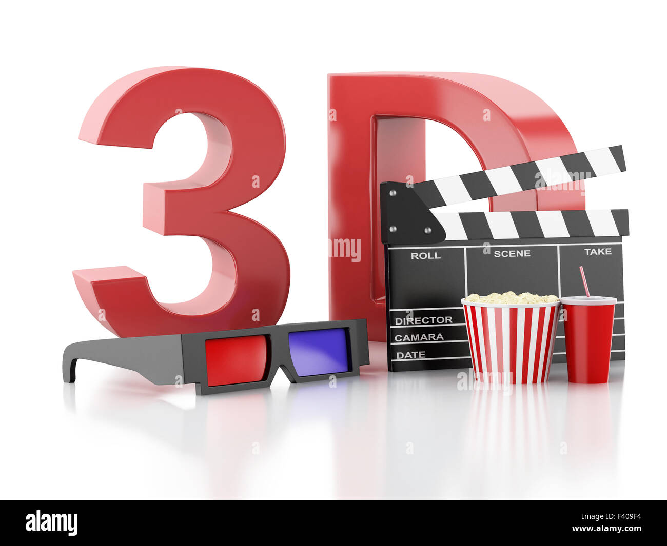 cinema clapper, popcorn and drink. 3d image Stock Photo - Alamy