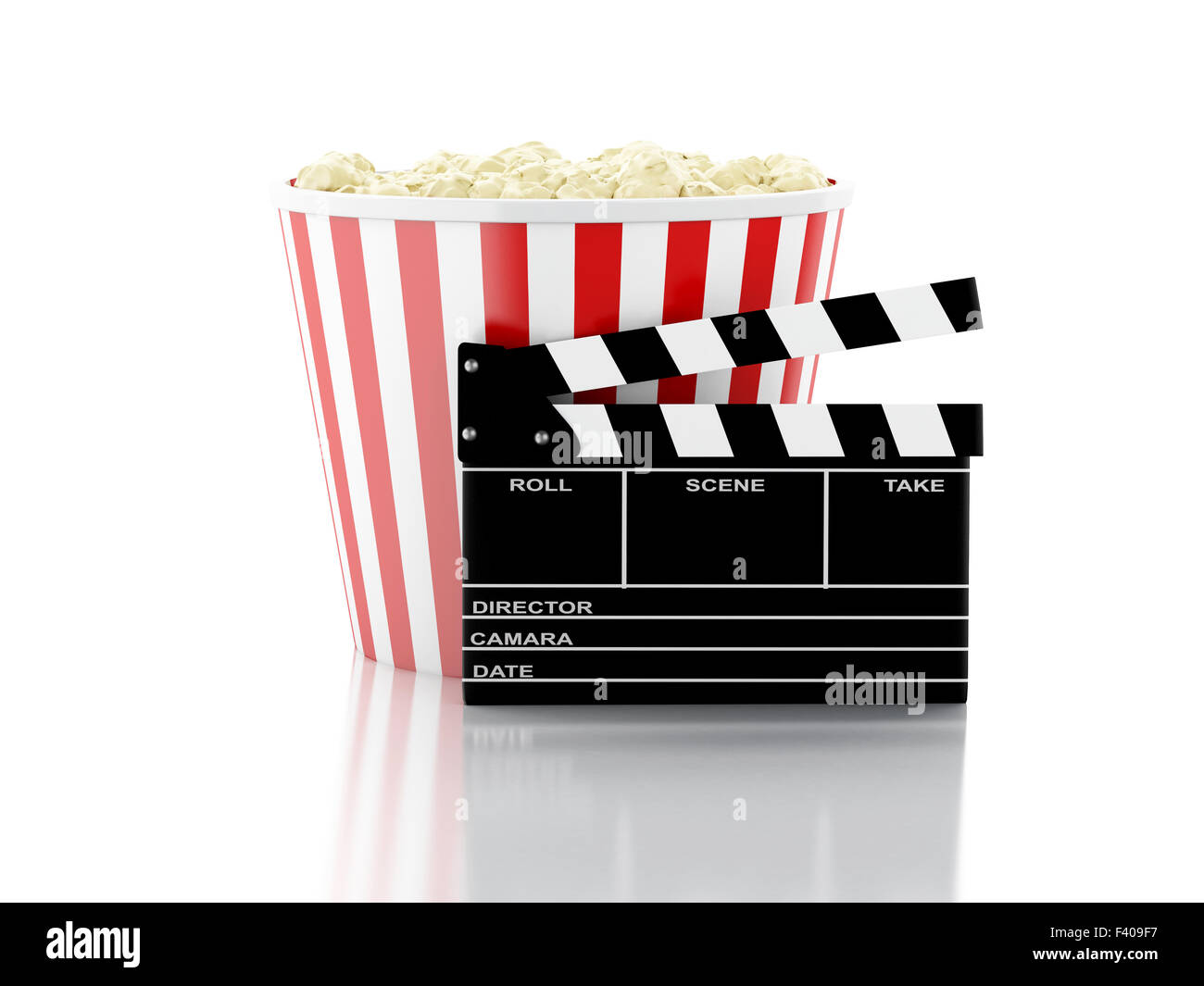 3d cinema clapper and popcorn Stock Photo - Alamy