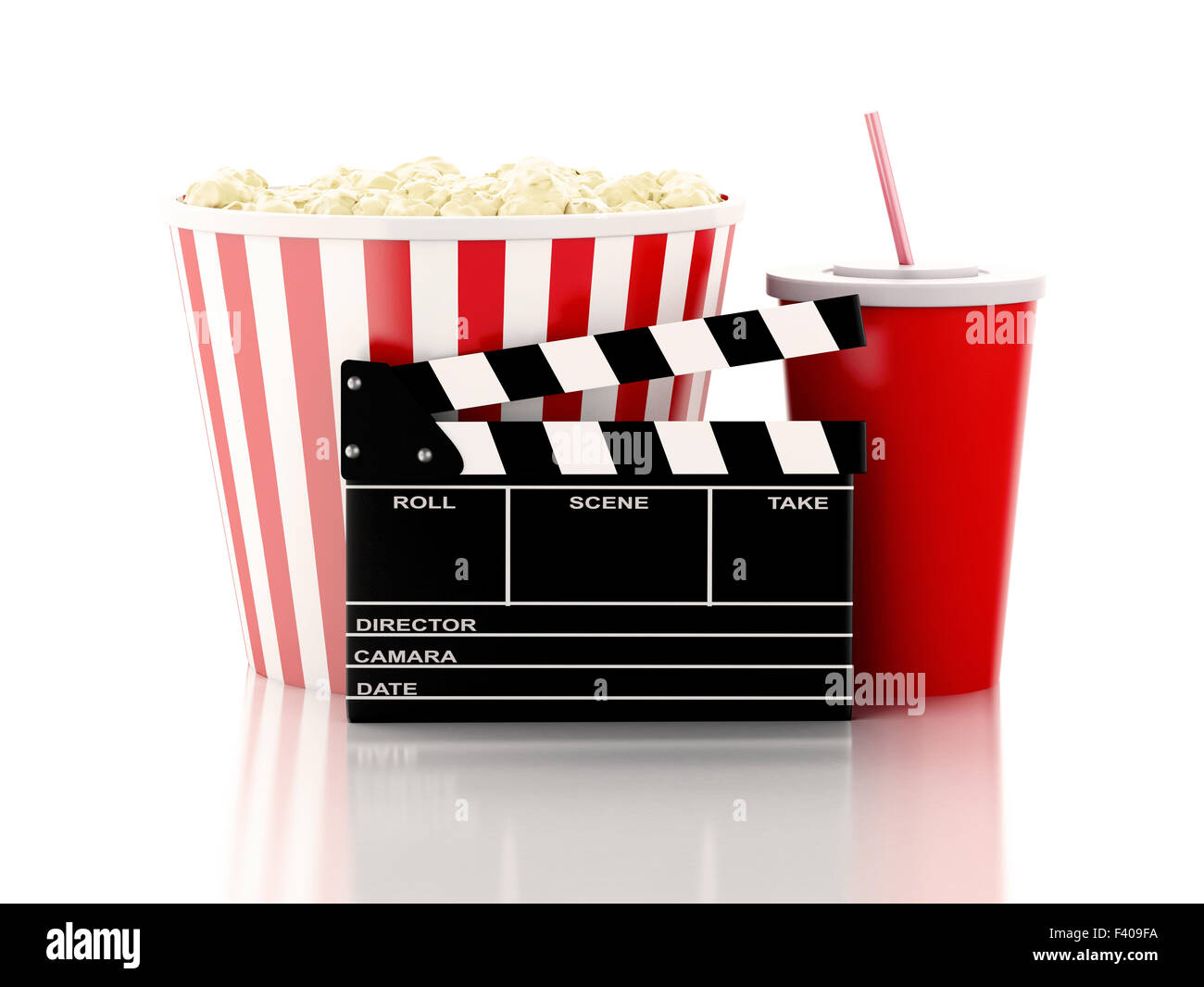 cinema clapper, popcorn and drink. 3d image Stock Photo - Alamy