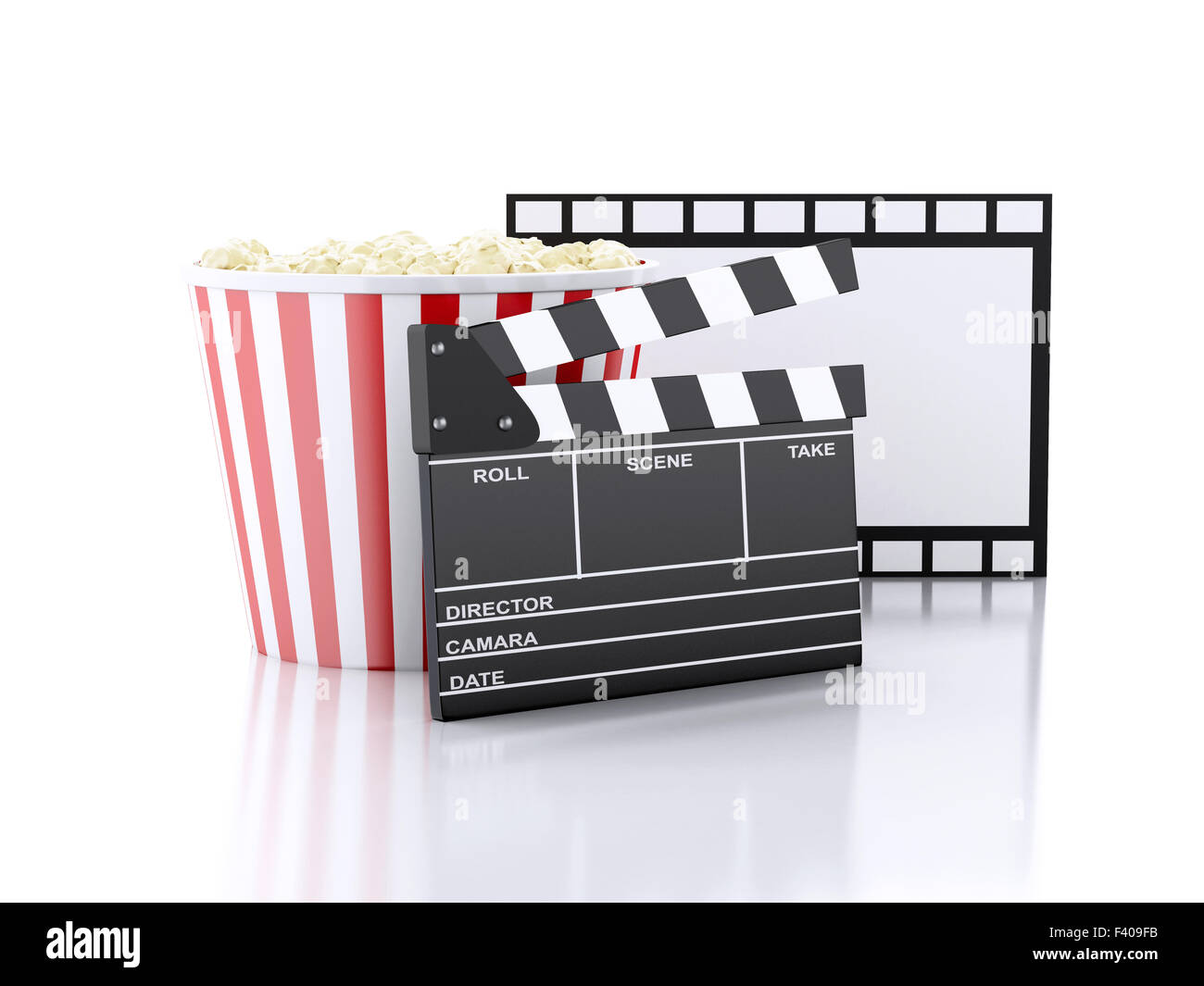 3d cinema clapper and popcorn Stock Photo - Alamy