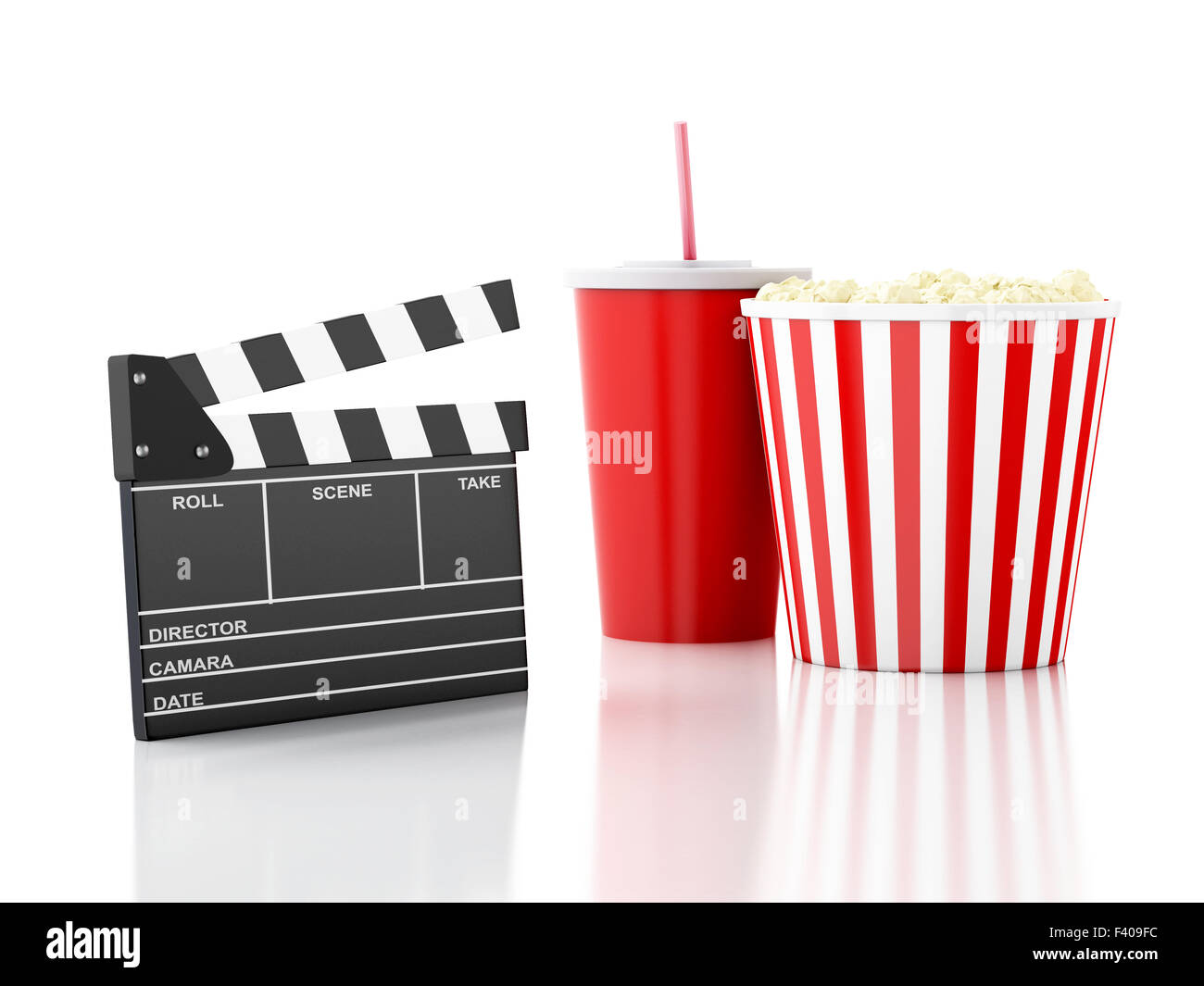 cinema clapper, popcorn and drink. 3d image Stock Photo - Alamy