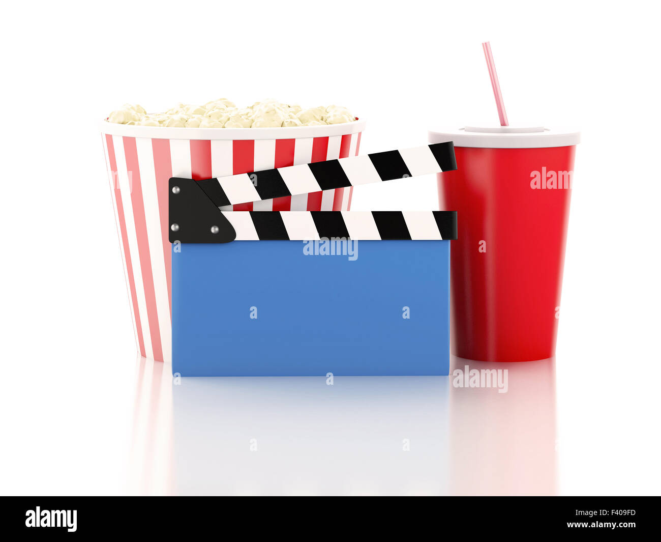 cinema clapper, popcorn and drink. 3d image Stock Photo - Alamy