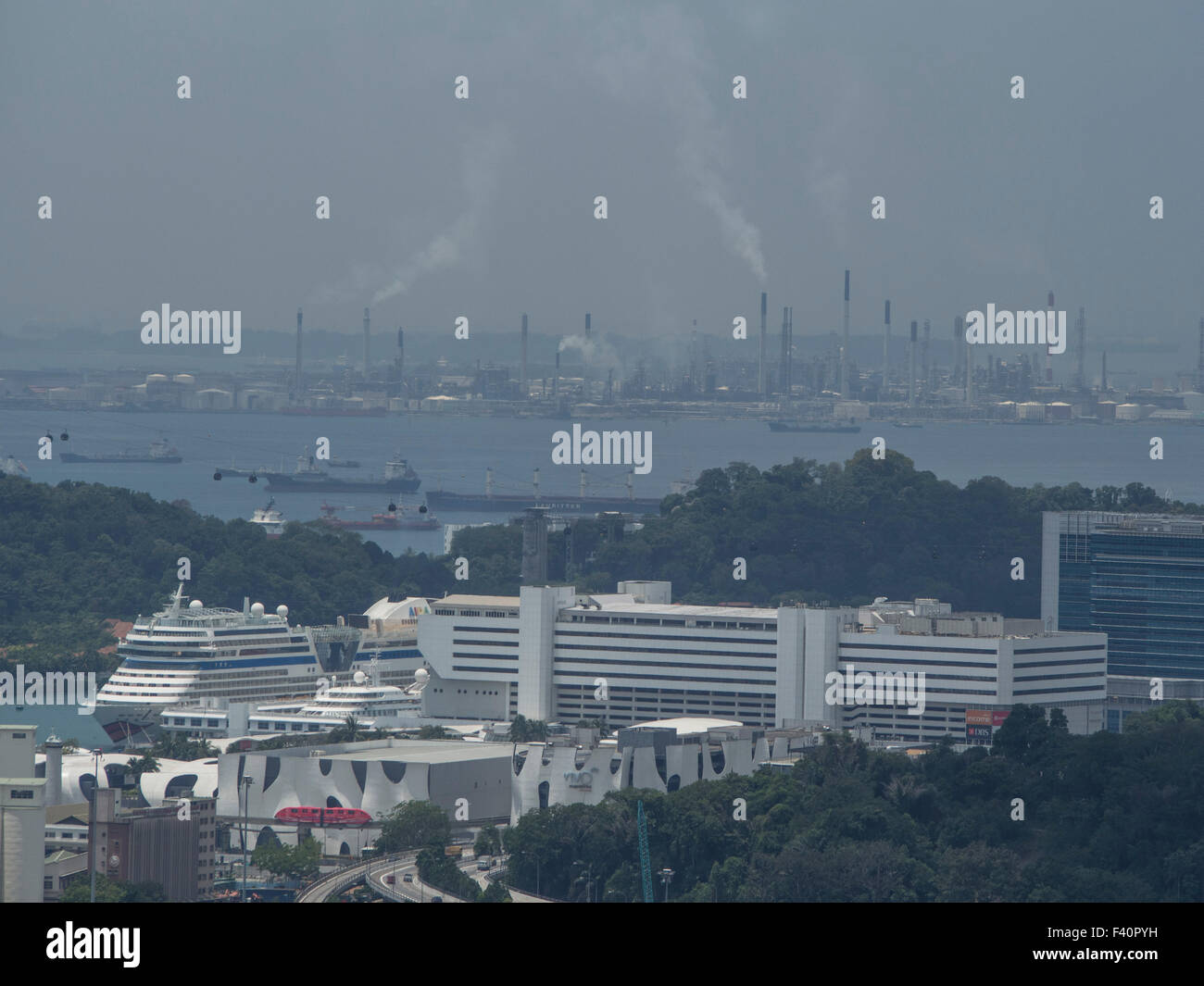 View of the Jurong island refinery and cruise terminal in the port of ...