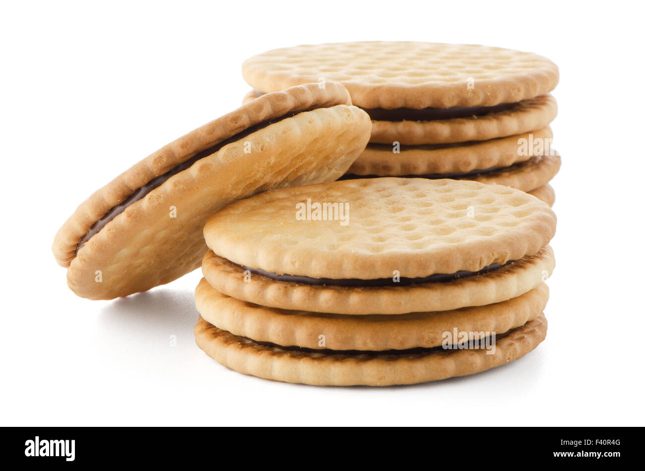 Sandwich biscuits with chocolate filling on a white background Stock ...